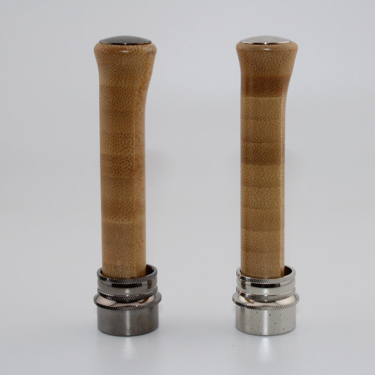 Up-locking mortised slide band reel seat in stacked bamboo with plated ...