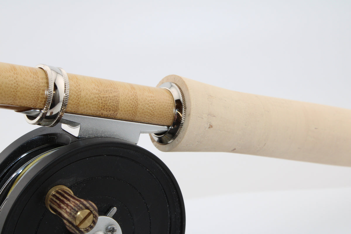 Up-locking mortised slide band reel seat in stacked bamboo with plated ...